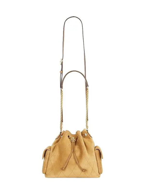 Tory Burch Charlie Quilted Suede Drawstring Shoulder Bag In Tan - Toffee