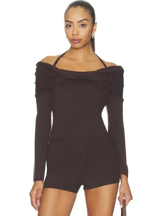 Simkhai Cambria Off Shoulder Long Sleeve Knit Top - Chocolate