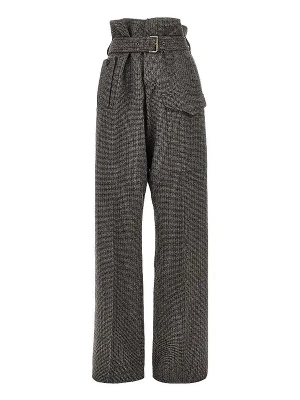 Etro Check Wool Belted High-rise Wide-leg Trousers - Grey