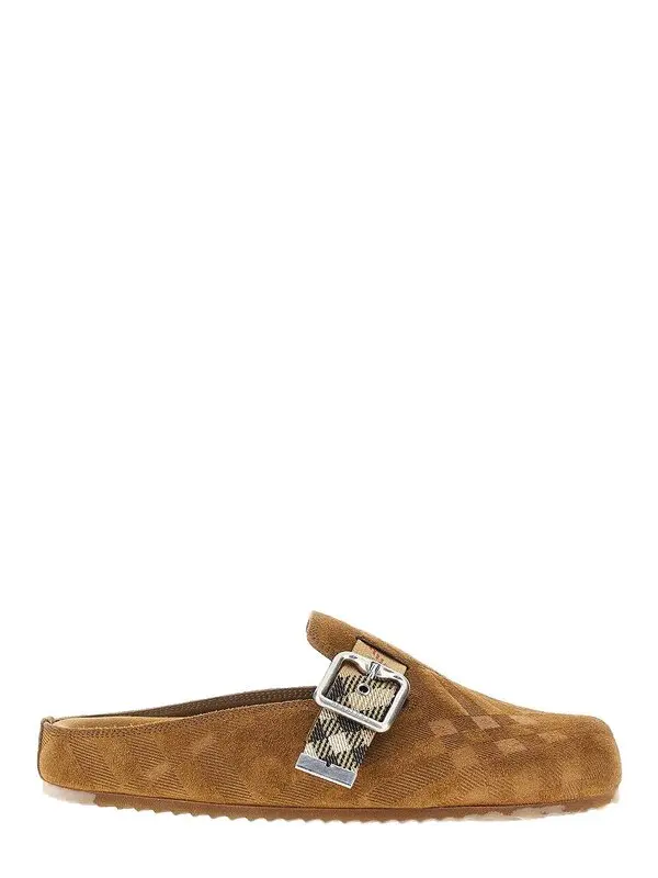 Burberry Suede Leather Checked Clogs With Adjustable Strap - Brown