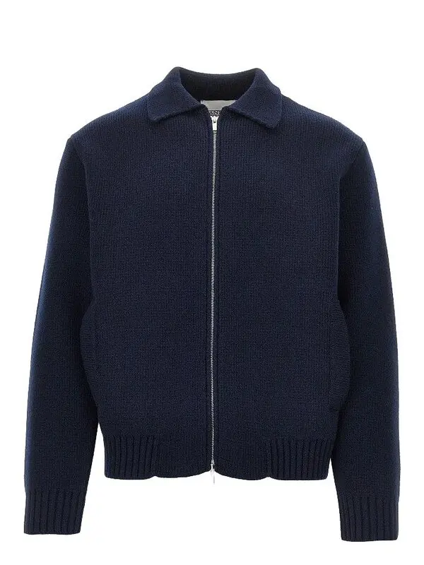 LANEUS Wool Knitted Zip-up Cardigan - Blue