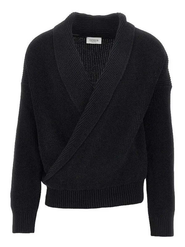 LANEUS Cotton Knitted Cardigan With Shawl Collar - Black