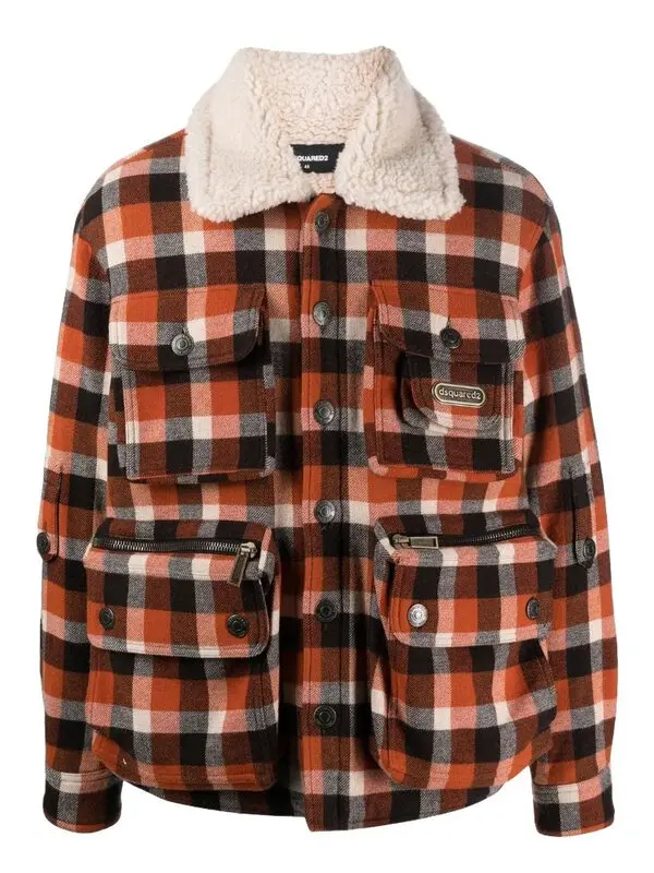 Dsquared2 Americana Checkered Long-sleeve Jacket With Shearling Collar - Brown