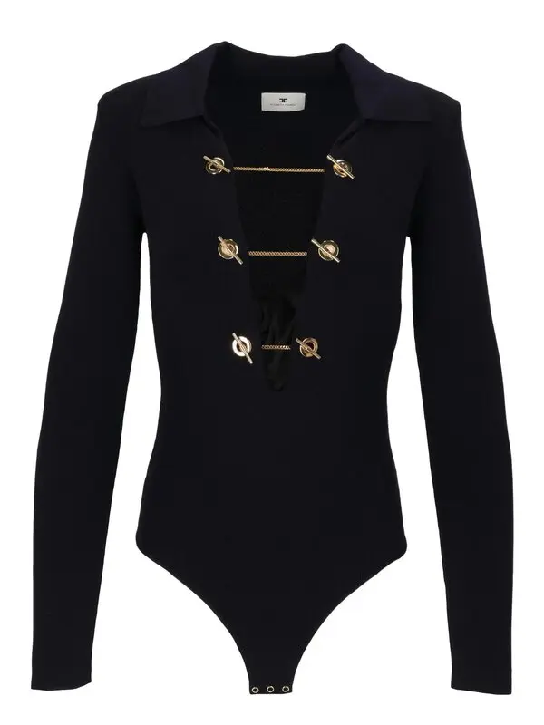Elisabetta Franchi Ribbed Knit Bodysuit With Gold-tone Chain Detail - Black