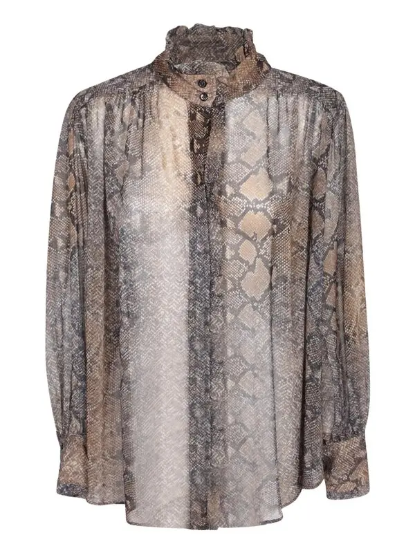 Loulou De Saison Snake Print Ruffled High Neck Shirt - Brown