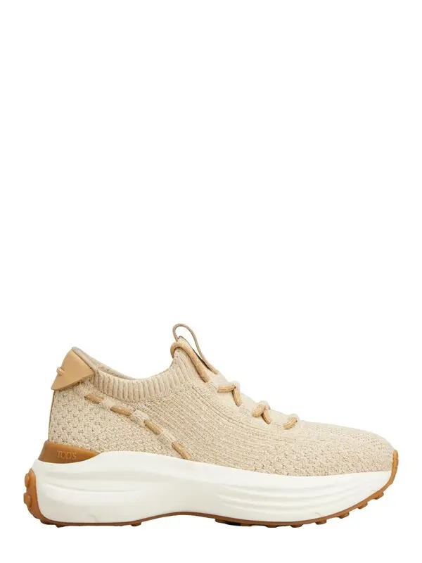 TOD'S Lace-up Stretch Knit And Leather Sneakers - Beige