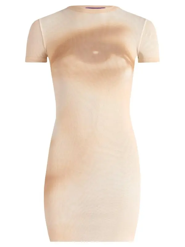 JEAN PAUL GAULTIER Short Sleeve Printed Mesh Mini Dress - Light Brown