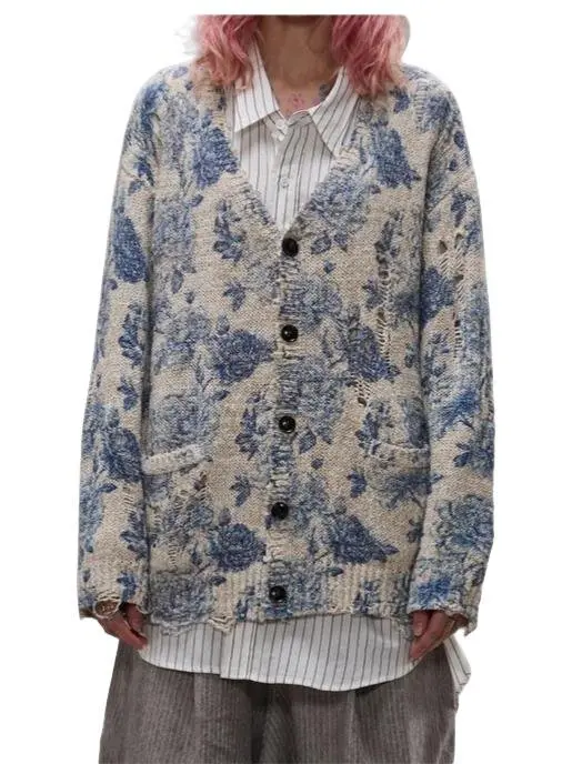 R13 Floral-print Distressed Cardigan - Blue