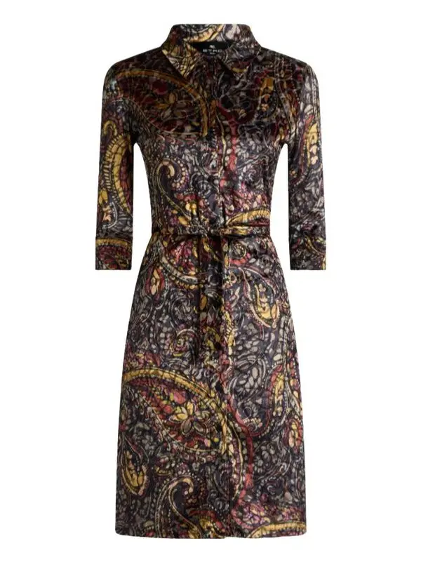 Etro Burnout Chenille Mini Shirt Dress With Floral Paisley Overprint - Black