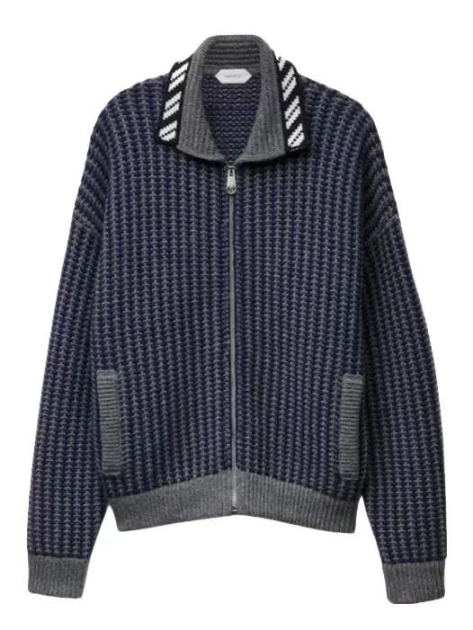 Versace Intarsia Wool Knit Zip Cardigan - Blue-grey