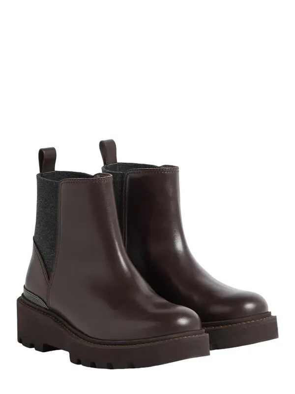Brunello Cucinelli Matte Calfskin And Stretch Virgin Wool Chelsea Boots With Monili - Rust-brown