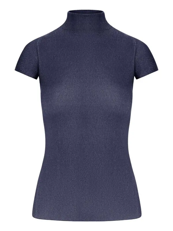 Giorgio Armani Ribbed Knit Cup Sleeve Mock Neck Jumper - Blue White
