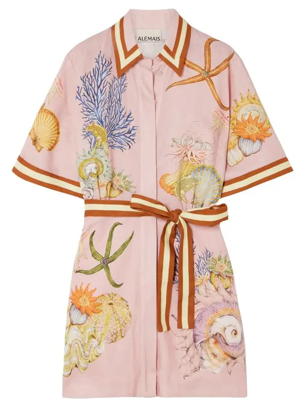 ALEMAIS Belted Printed Linen Gauze Mini Shirt Dress - Pink