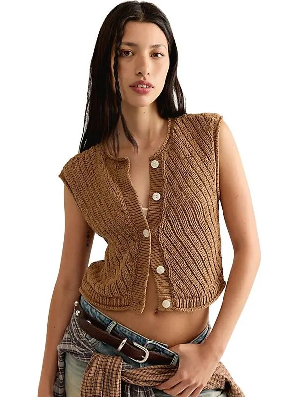 Free People Drop Stitch Cotton Vest - Camel Heather