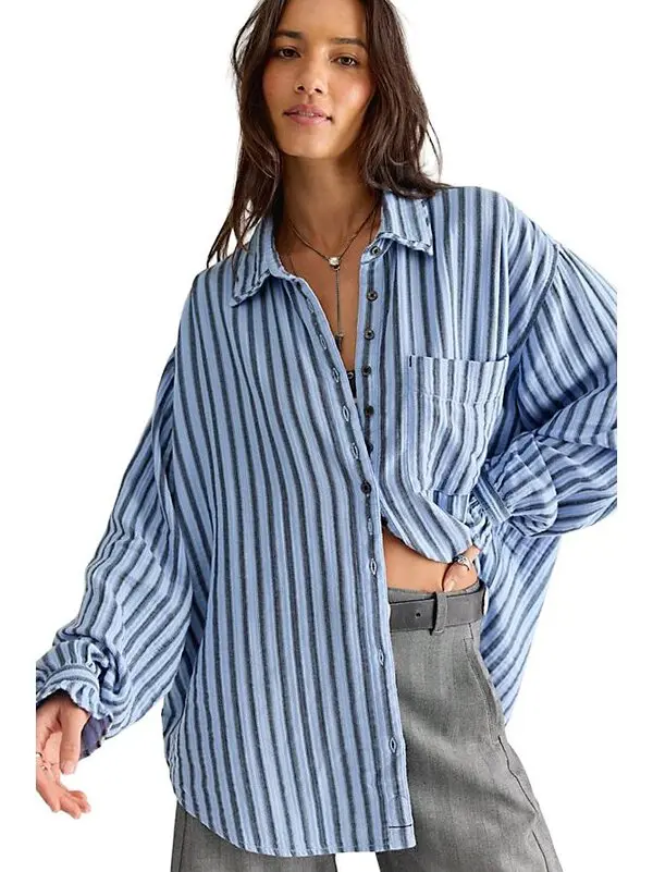 Free People We The Free Off-duty Double Cloth Striped Button Down Shirt - Blue Combo