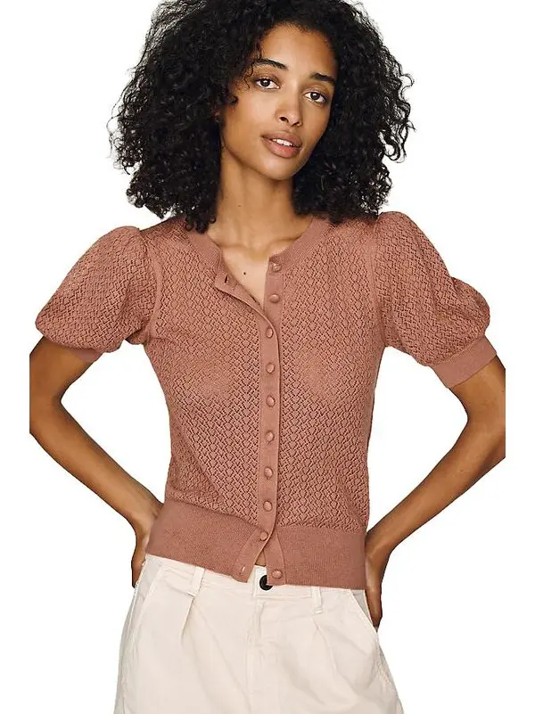 Anthropologie Sheer Pointelle Knit Cardigan With Puff Sleeves - Camel