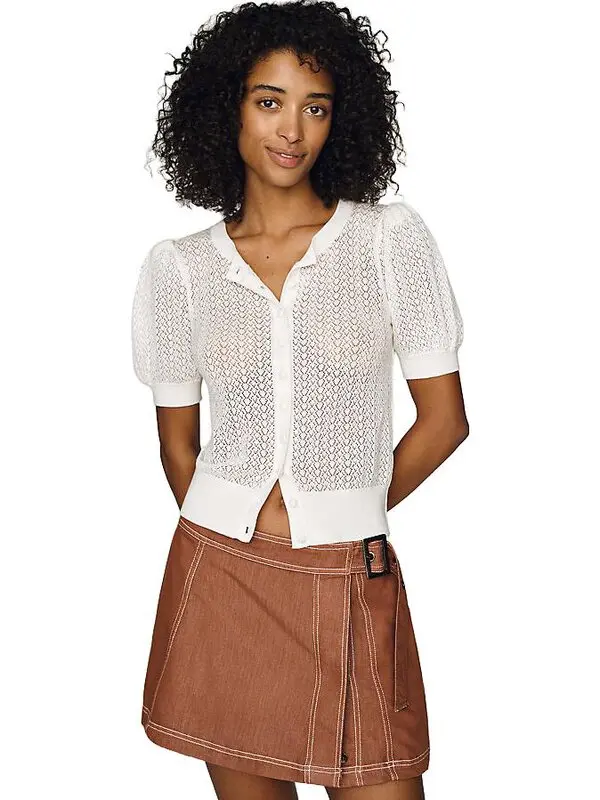 Anthropologie Sheer Pointelle Knit Cardigan With Puff Sleeves - Snow