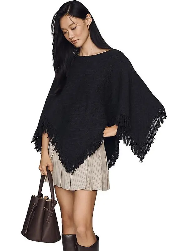 Anthropologie Knit Fringe Triangle Poncho - Black