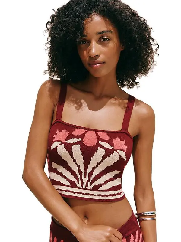 CELANDINE Knit Square Neck Cropped Tank Top - Pink Pattern