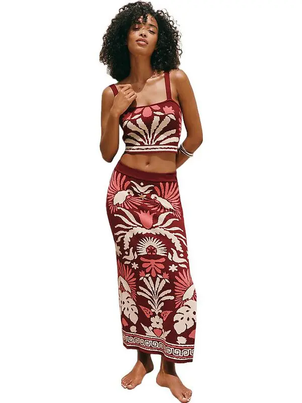 CELANDINE Botanical Print Knit Midi Skirt - Pink Pattern