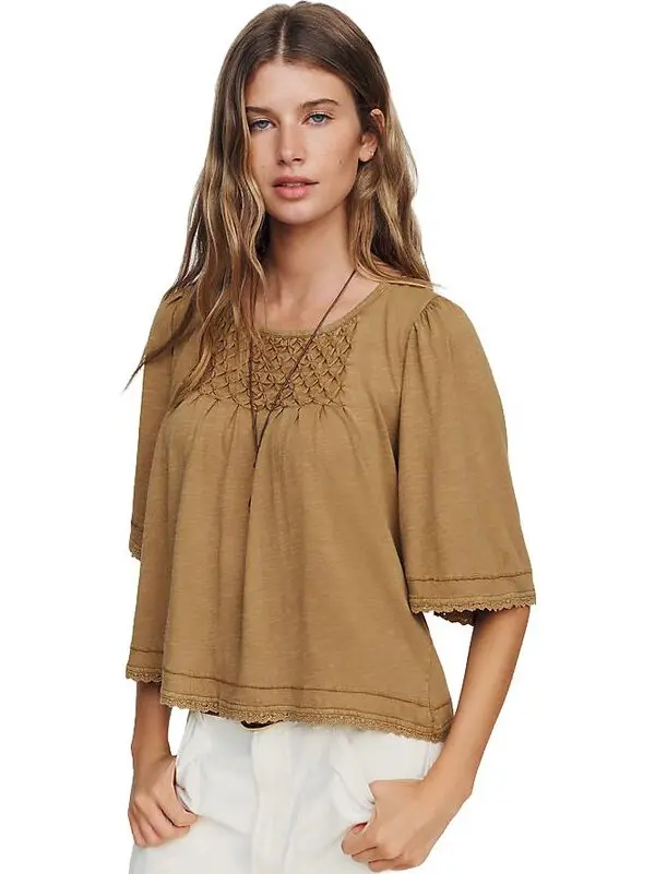 PILCRO Flutter-sleeve Smocked Blouse - Brown