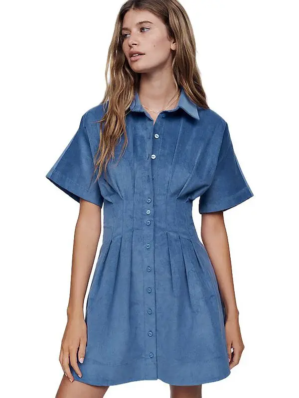 EXQUISE Tobie Corduroy Mini Shirtdress - Light Blue