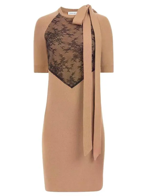 Nina Ricci Lace-paneled Bow Detail Midi Dress - Neutrals