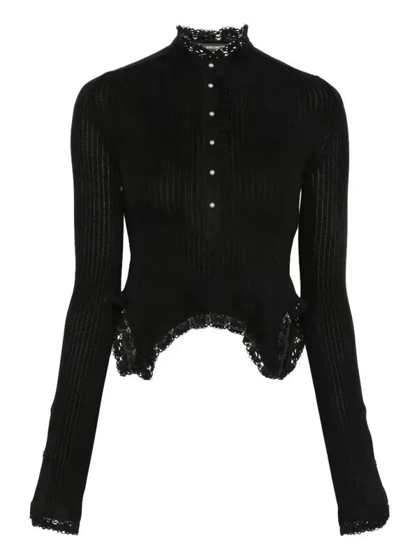 ANN DEMEULEMEESTER Lace-trimmed Ribbed High-neck Top - Black