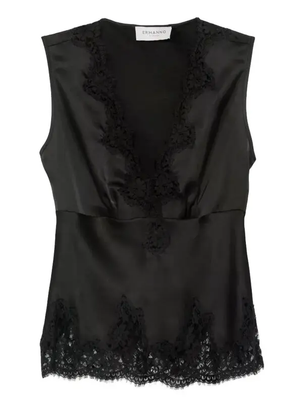 ERMANNO FIRENZE Lace-trimmed Sleeveless V-neck Top - Black