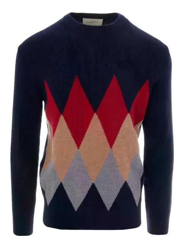 BALLANTYNE Long-sleeve Diamond Intarsia Sweater - Blue