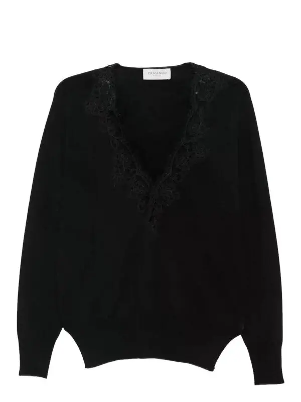 ERMANNO FIRENZE Lace-trim V-neck Sweatshirt - Black