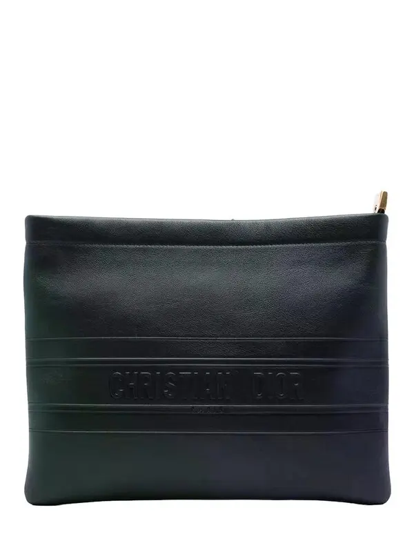 Dior Embossed Calfskin Logo Zip Clutch Bag - Black