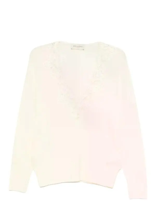 ERMANNO FIRENZE Lace Trim V-neck Sweatshirt - White