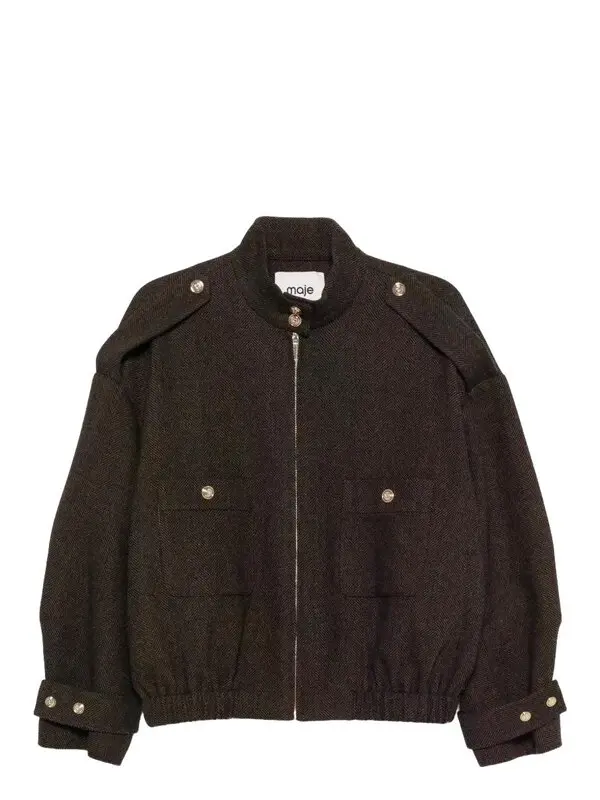 Maje Herringbone Pattern Stand-up Collar Zip-up Jacket - Brown