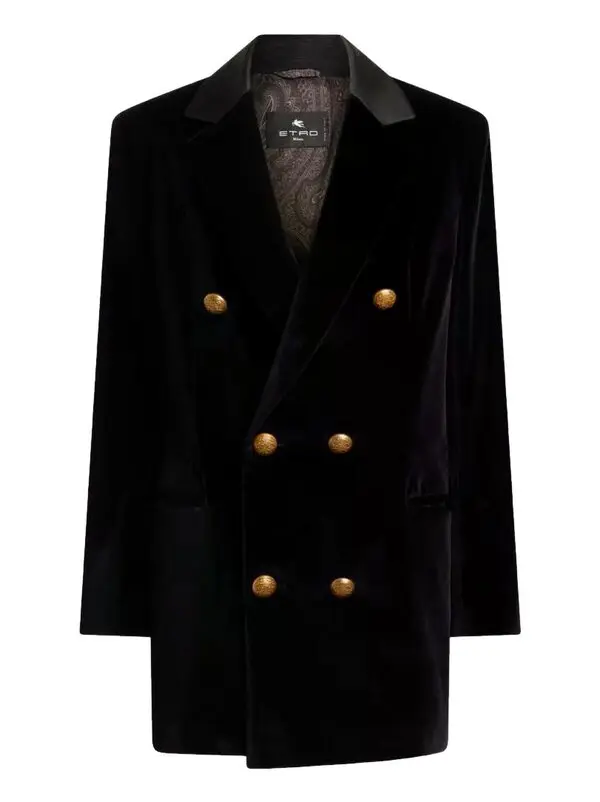 Etro Long Double-breasted Stretch Cotton Velvet Jacket - Black