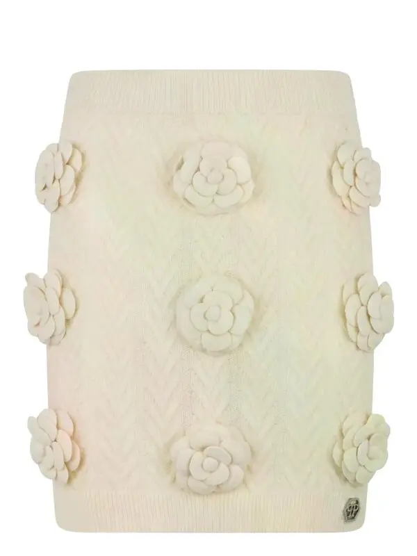 Philipp Plein Knitted Mini Skirt With Rose Embellishments - Neutrals