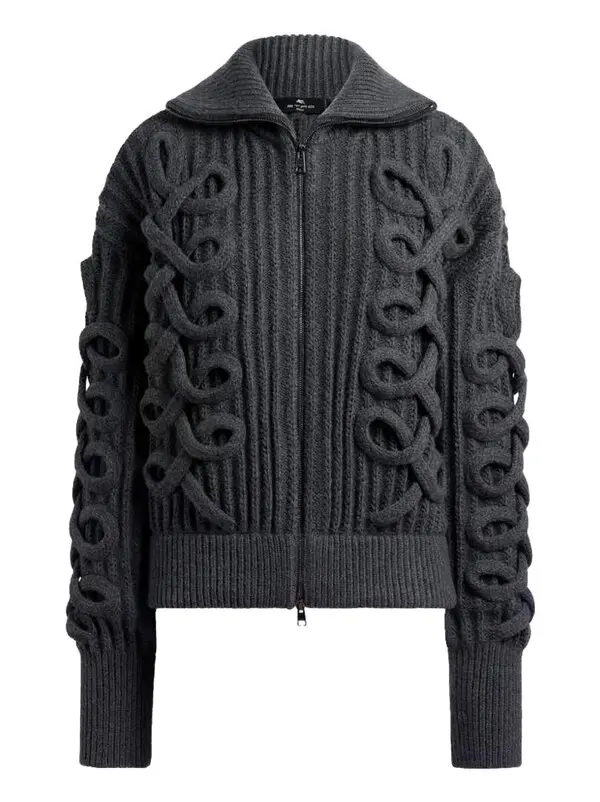 Etro Ribbed Wool-blend Zip-up Cardigan With Woven Detailing - Grey