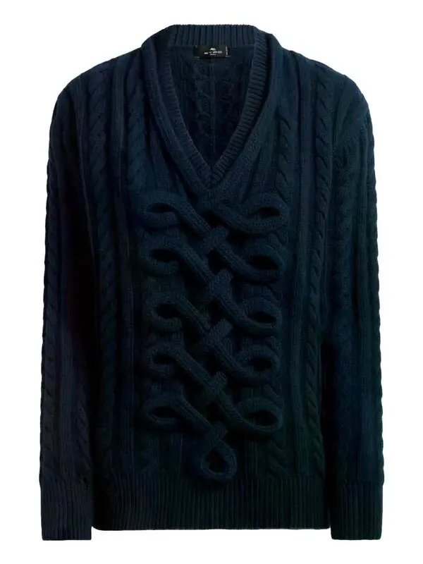 Etro Ribbed Wool-blend V-neck Sweater With Braided Detailing - Blue