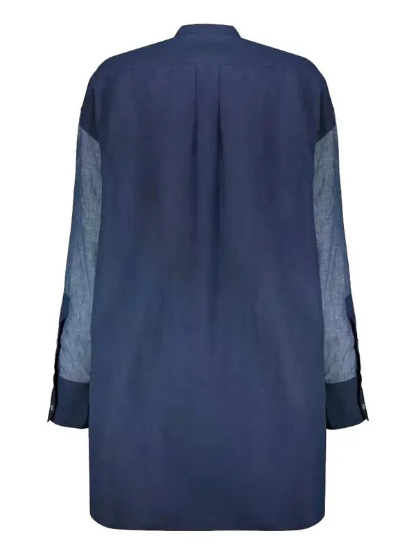 MOORER Patchwork Linen Shirt With Mandarin Collar - Blue