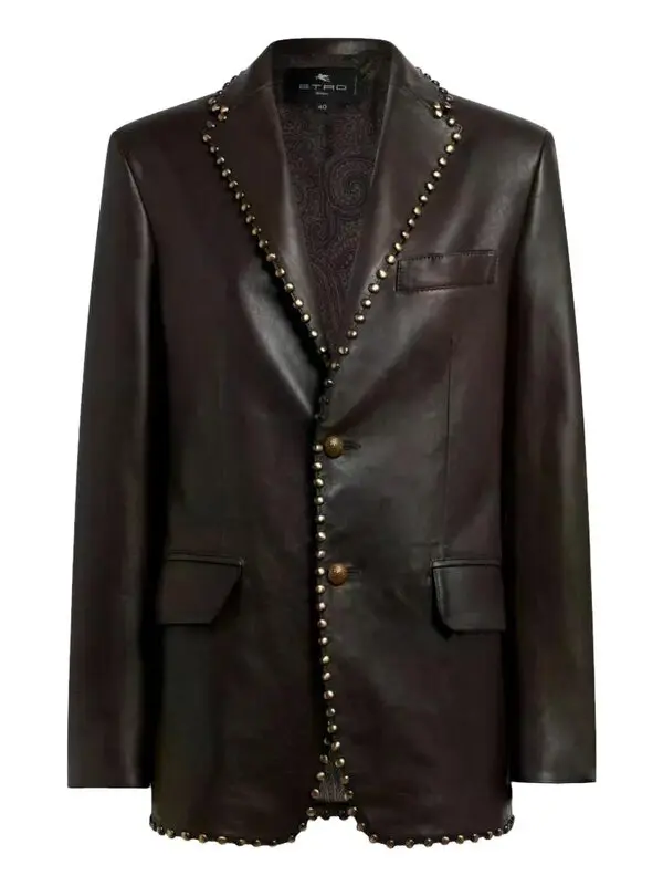 Etro Single-breasted Leather Jacket With Stud Embellishments - Brown