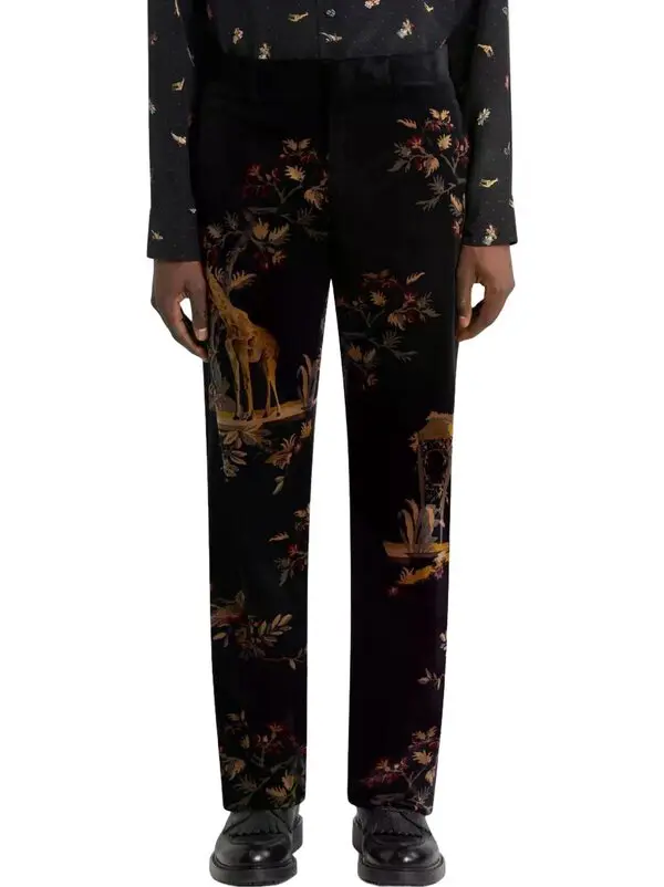 Etro Straight-leg Cotton Velvet Trousers With Placed Flower And Animal Print - Black
