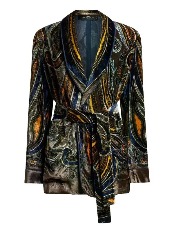 Etro Velvet Jacket With Paisley Motif And Belt - Brown