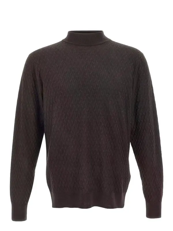 FILIPPO DE LAURENTIIS Textured Knit Herringbone Mock Neck Sweater - Brown