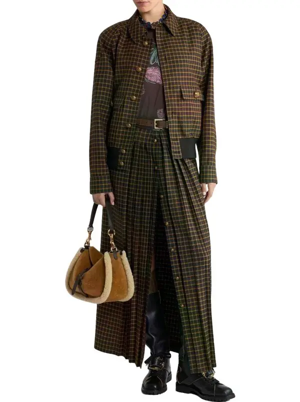 Etro Pleated Wool Maxi Skirt With Check Motif - Brown