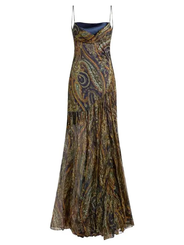 Etro Long Silk Paisley Print Maxi Dress With Draping - Brown