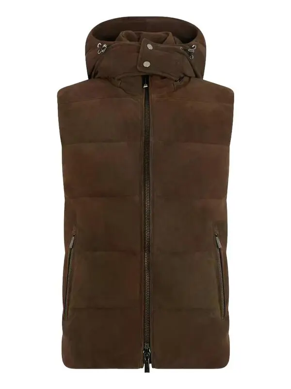 MOORER Hooded Quilted Vest - Brown