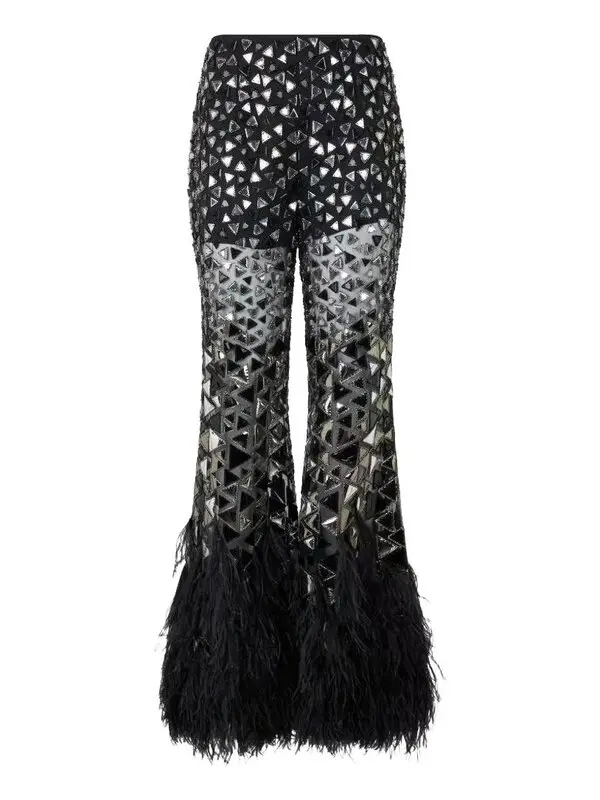 Alberta Ferretti Embellished Feather Trim Trousers - Black