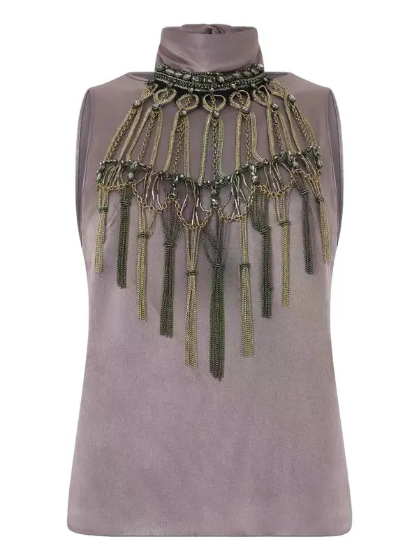 Alberta Ferretti Sleeveless High Neck Top With Metallic Fringe - Purple