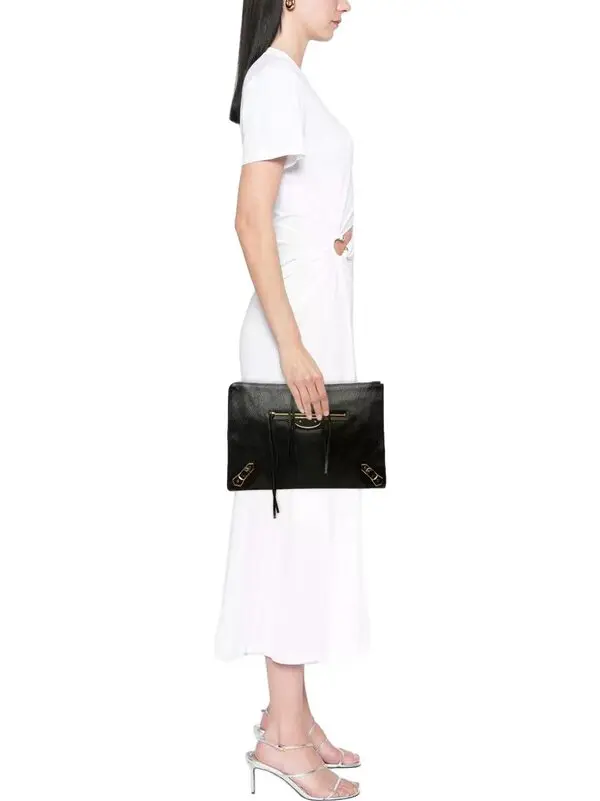 Balenciaga Goatskin Leather Metallic Edge Clutch Bag - Black