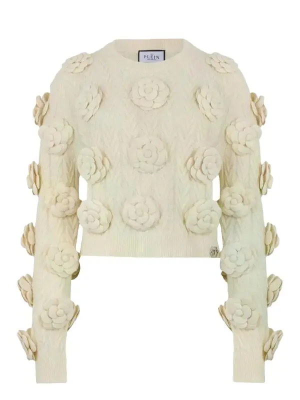 Philipp Plein Cream Cable Knit Rose Appliqué Pullover - Neutrals